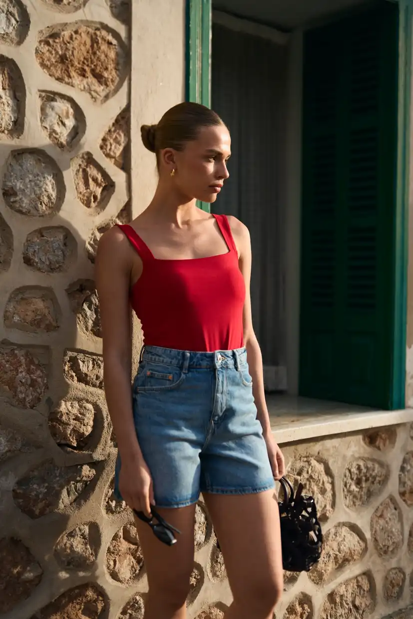 Czerwony top z dekoltem karo - Top Caro Red - sklep More'moi